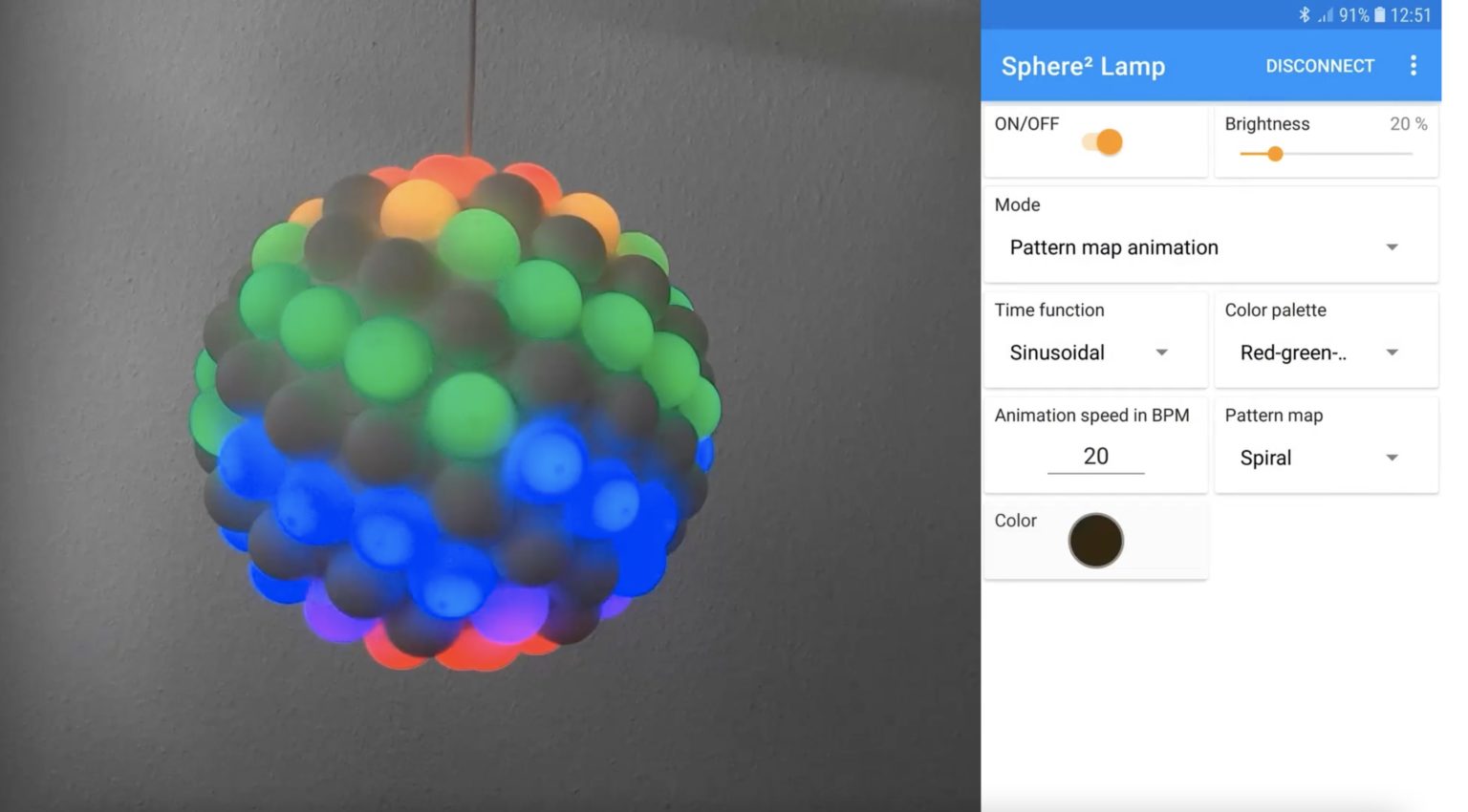 This lamp consists of 122 LED-lit domes on a sphere, controllable over ...